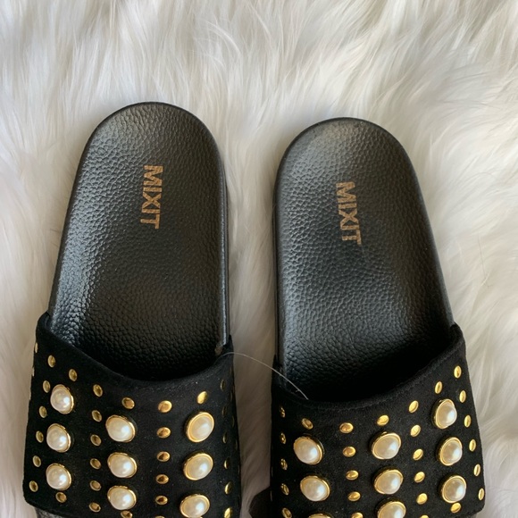 Mixit | Shoes | Black And Gold Pearl Slides | Poshmark